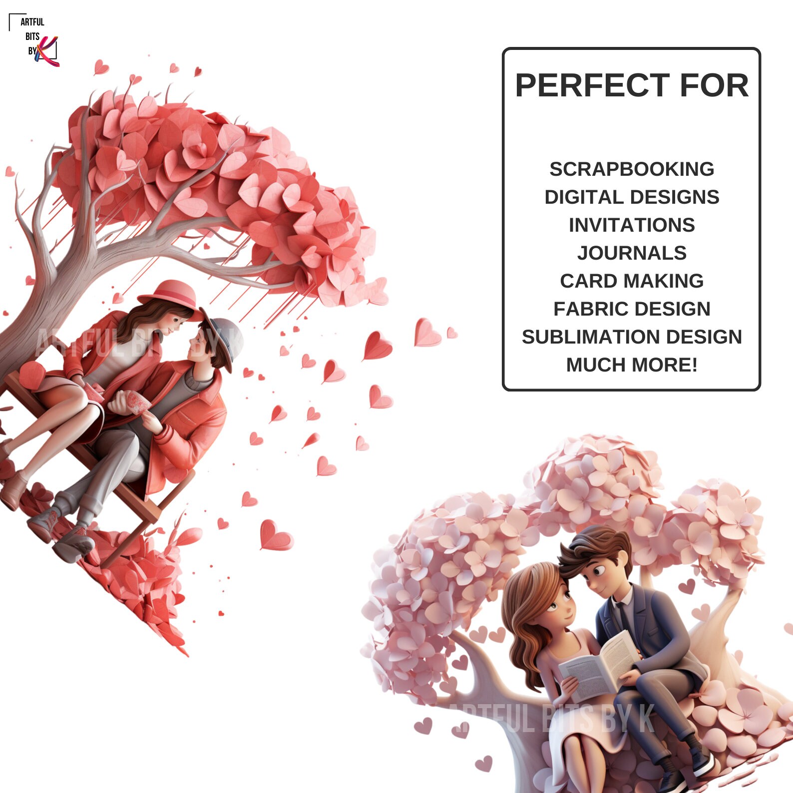 12 PNG Romantic Valentine's Day Clipart Set, 3D Couples Under Heart-shaped Trees, Love and ...