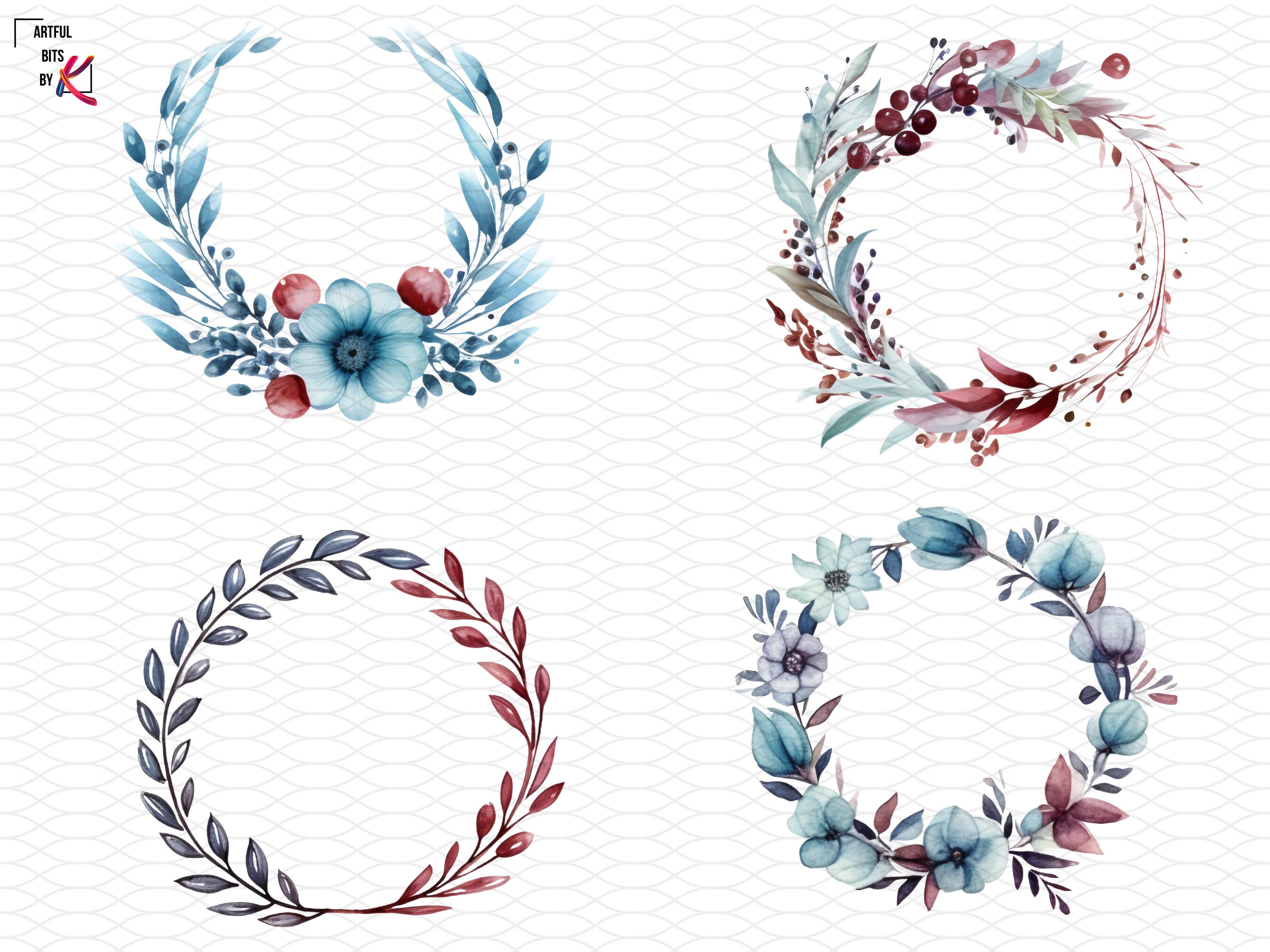 12 PNG Burgundy Blue Floral Wreath Bundle Wild Flowers - Etsy