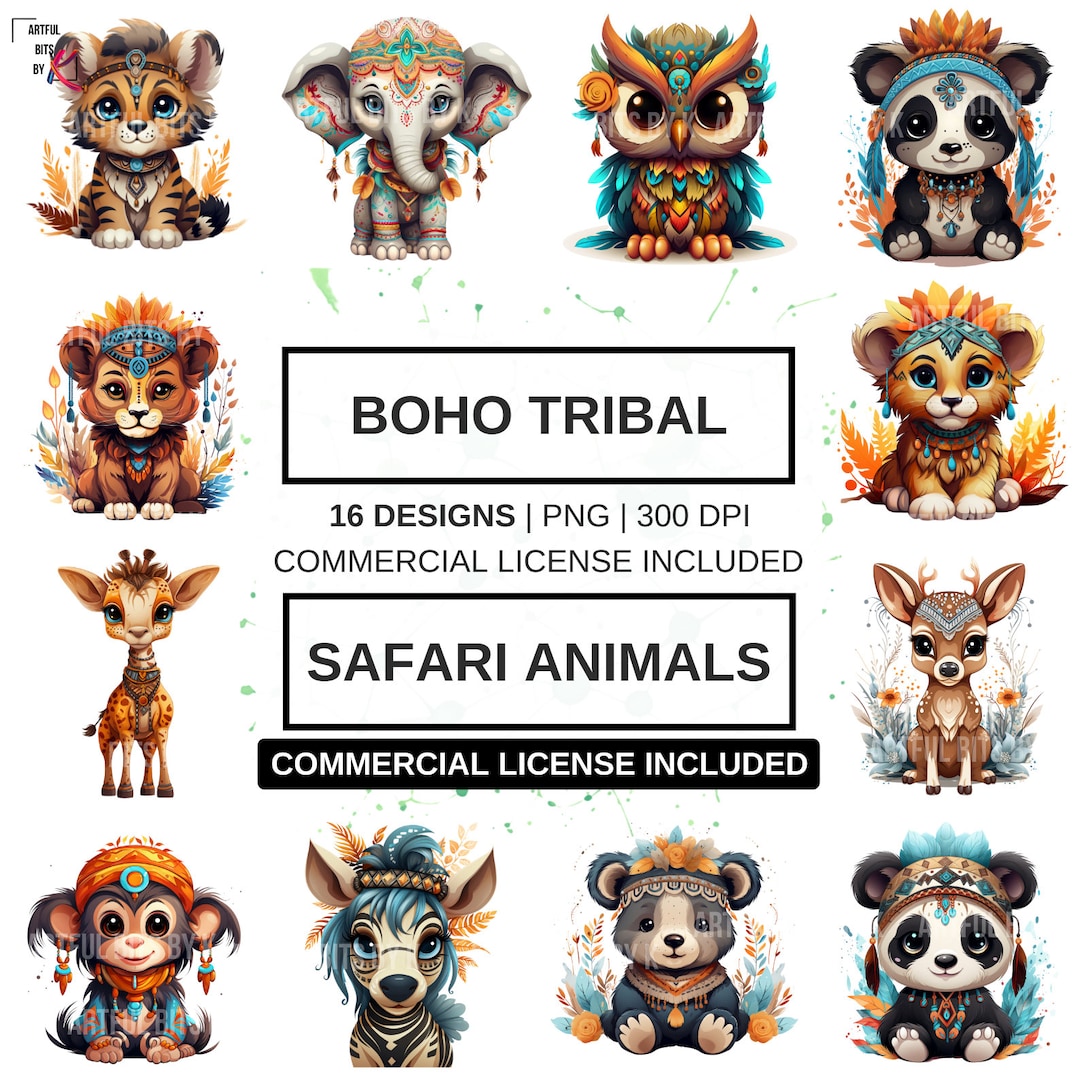 16 PNG Boho Tribal Animals Clipart, Native American, Watercolor Little ...