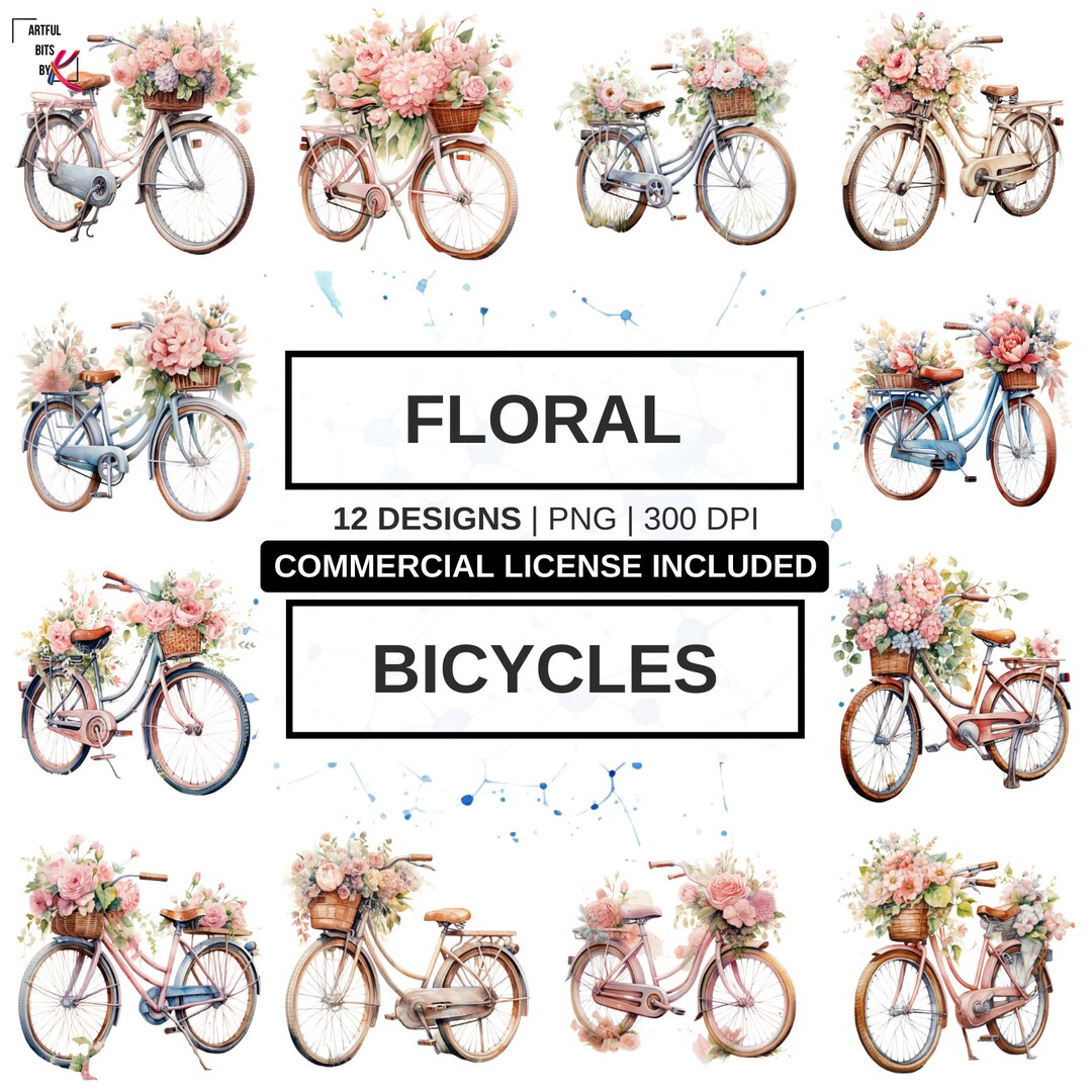12 PNG Watercolor Floral Bicycle Clipart Bundle, Rose Bicycle Art ...