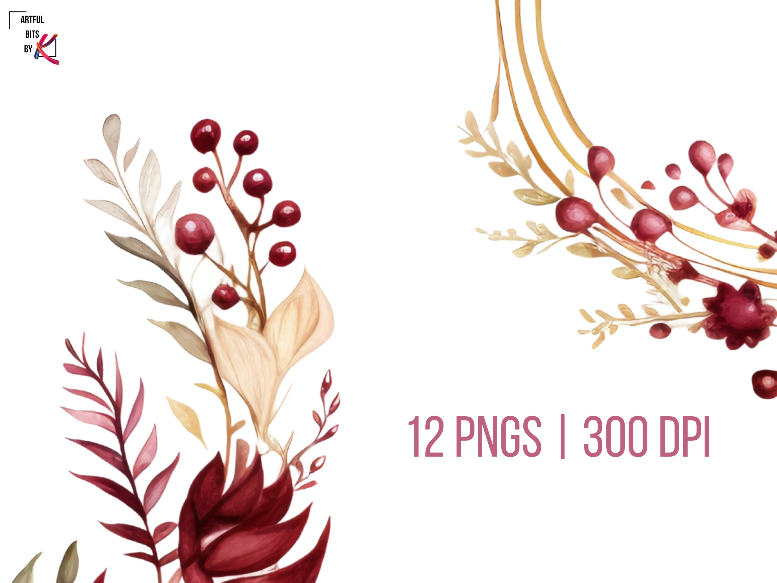 12 PNG Burgundy Golden Floral Wreath Bundle Wild Flowers Wreath Floral ...