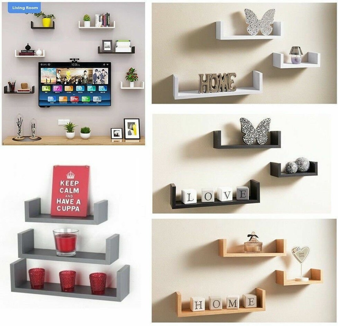Floating Shelf Set of 3 Different Sizes U Shape Wooden DIY Display Unit ...