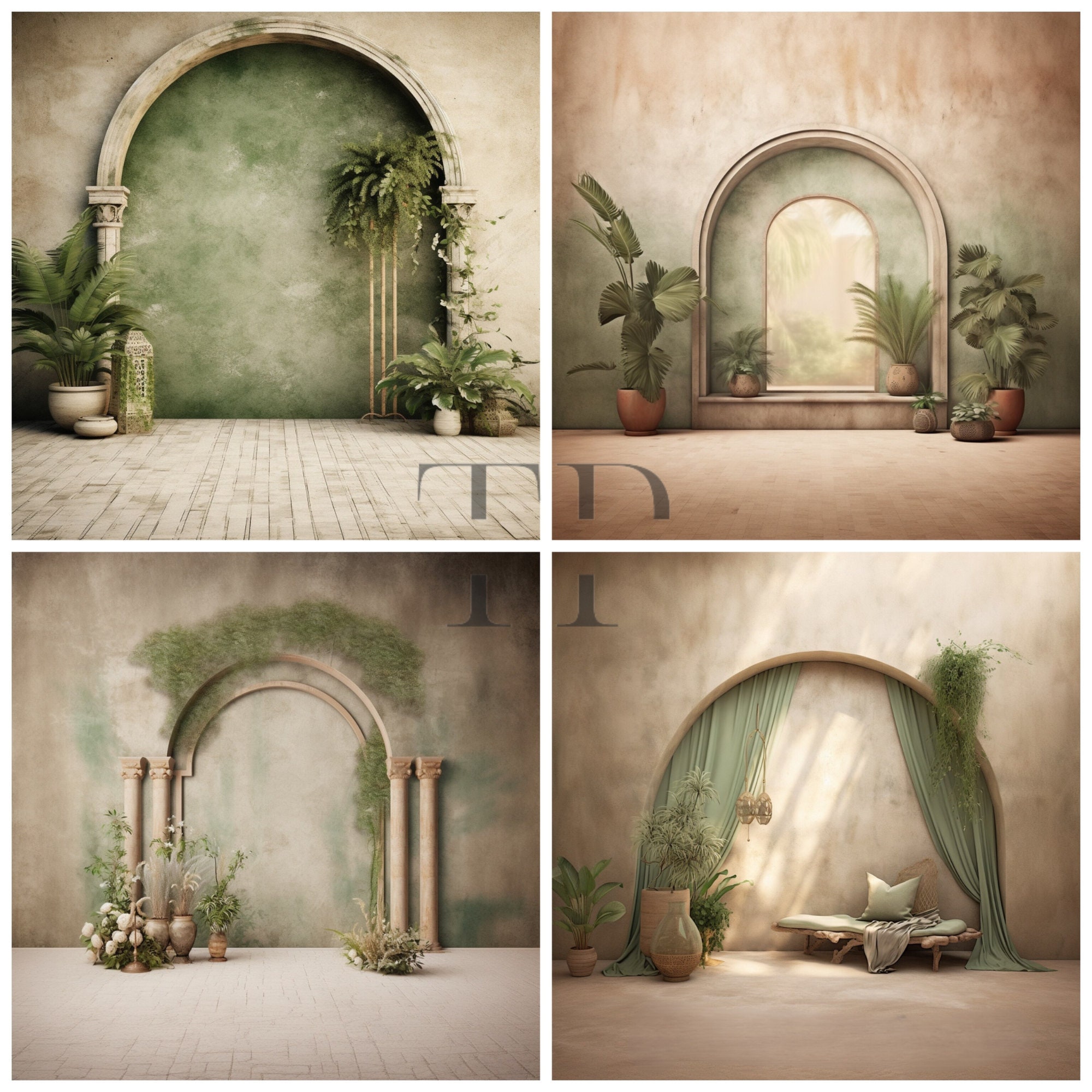 10 Boho Natural Arch Digital Backdrops - Beige & Green Aesthetic ...