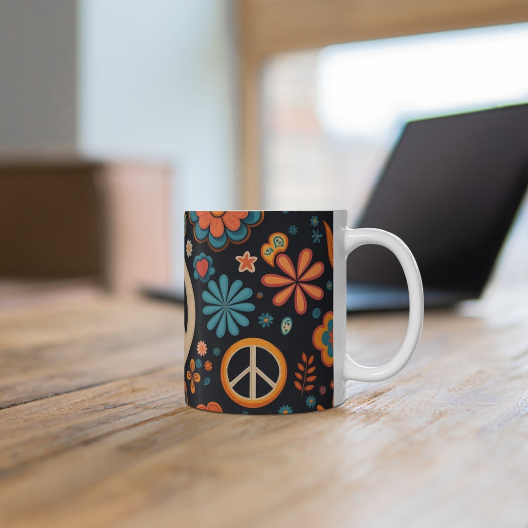 Ceramic Coffee Mug Peace Sign Coffee Cup Floral Coffee Cup Hippie Mug ...