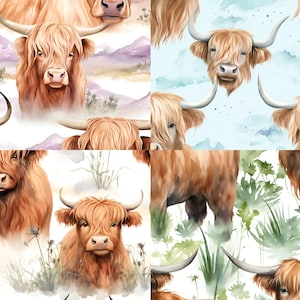 Watercolor Highland Cow Seamless Patterns Set of 10 Playful Farmhouse ...