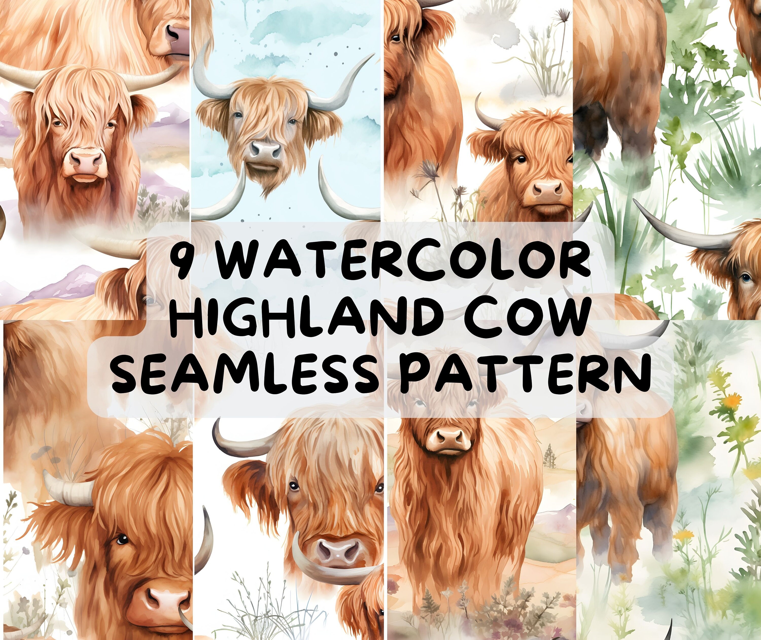 Watercolor Highland Cow Seamless Patterns Set of 10 Playful Farmhouse ...