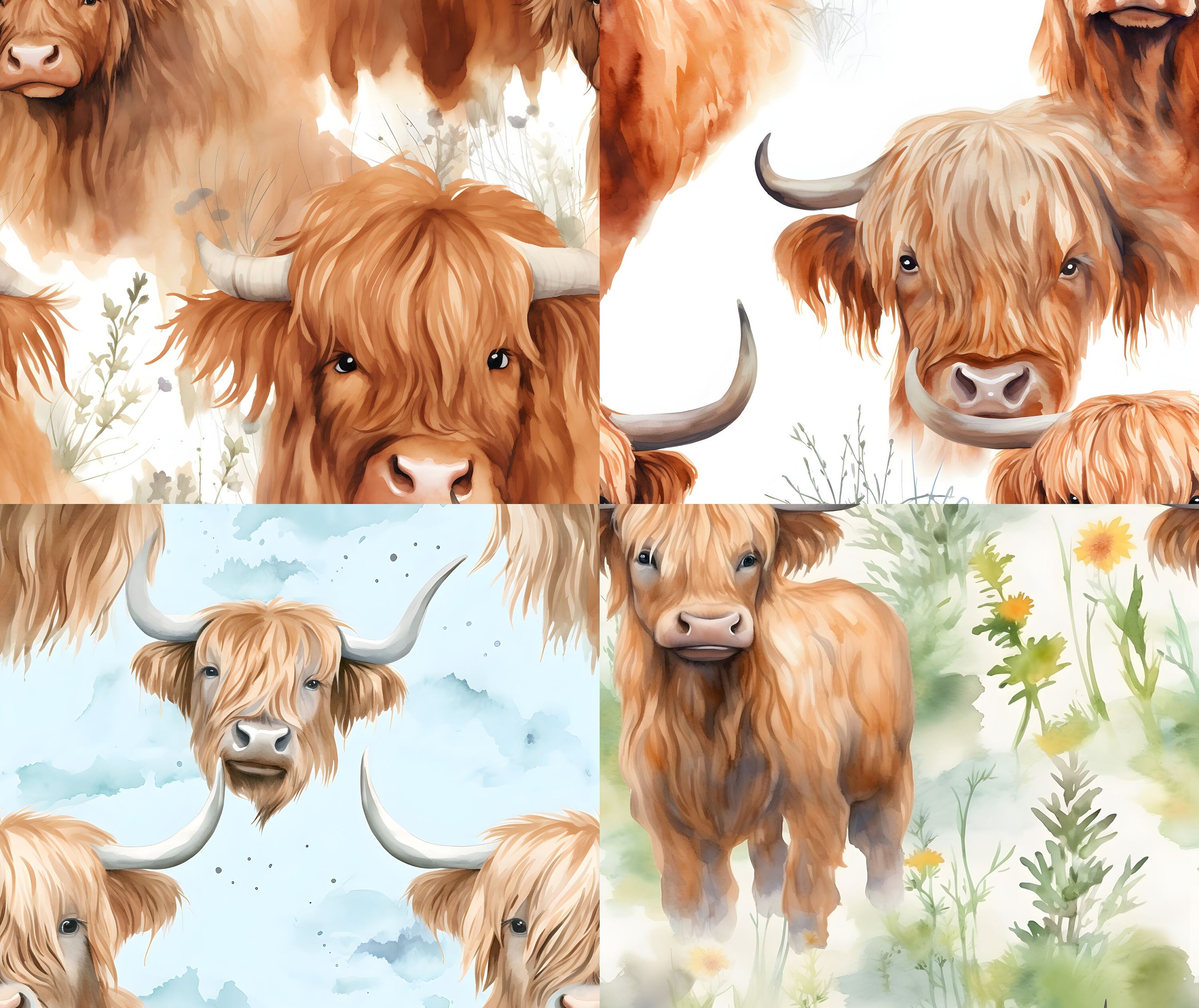 Watercolor Highland Cow Seamless Patterns Set of 10 Playful Farmhouse ...