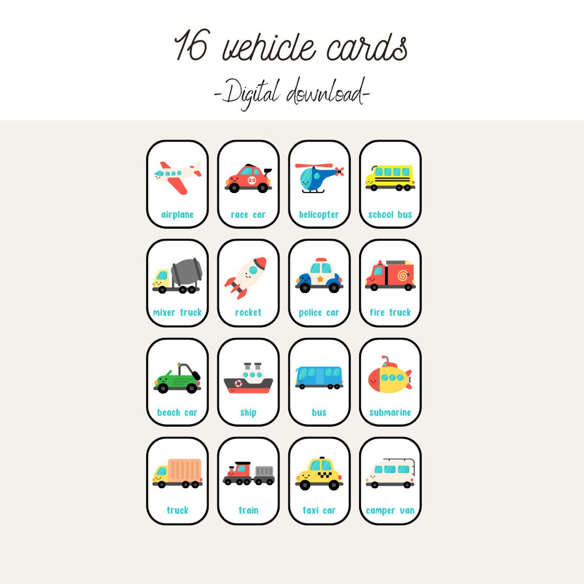 Colorful Vehicles Vocabulary Flashcards - Digital Download, Printable ...