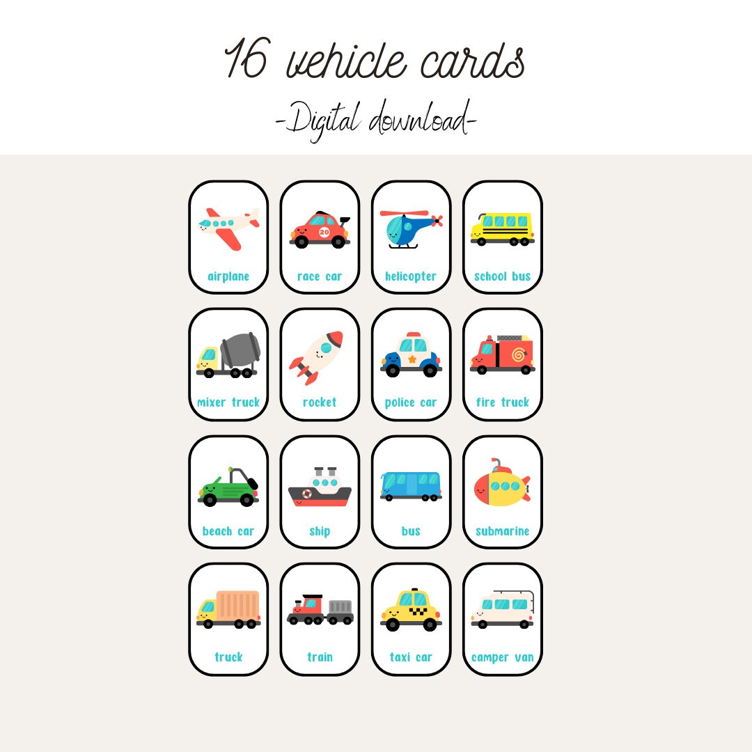 Colorful Vehicles Vocabulary Flashcards Digital Download - Etsy