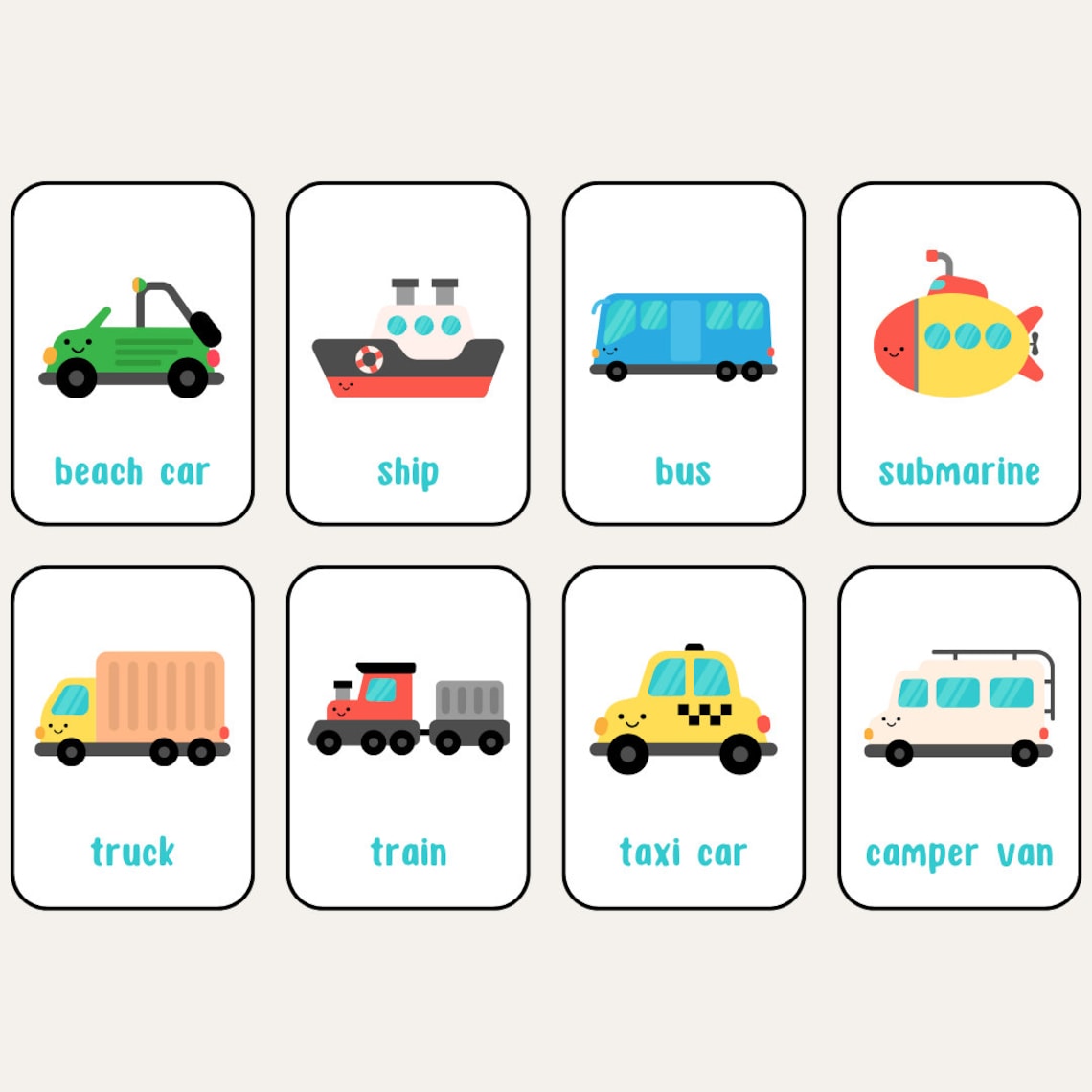 Colorful Vehicles Vocabulary Flashcards Digital Download - Etsy