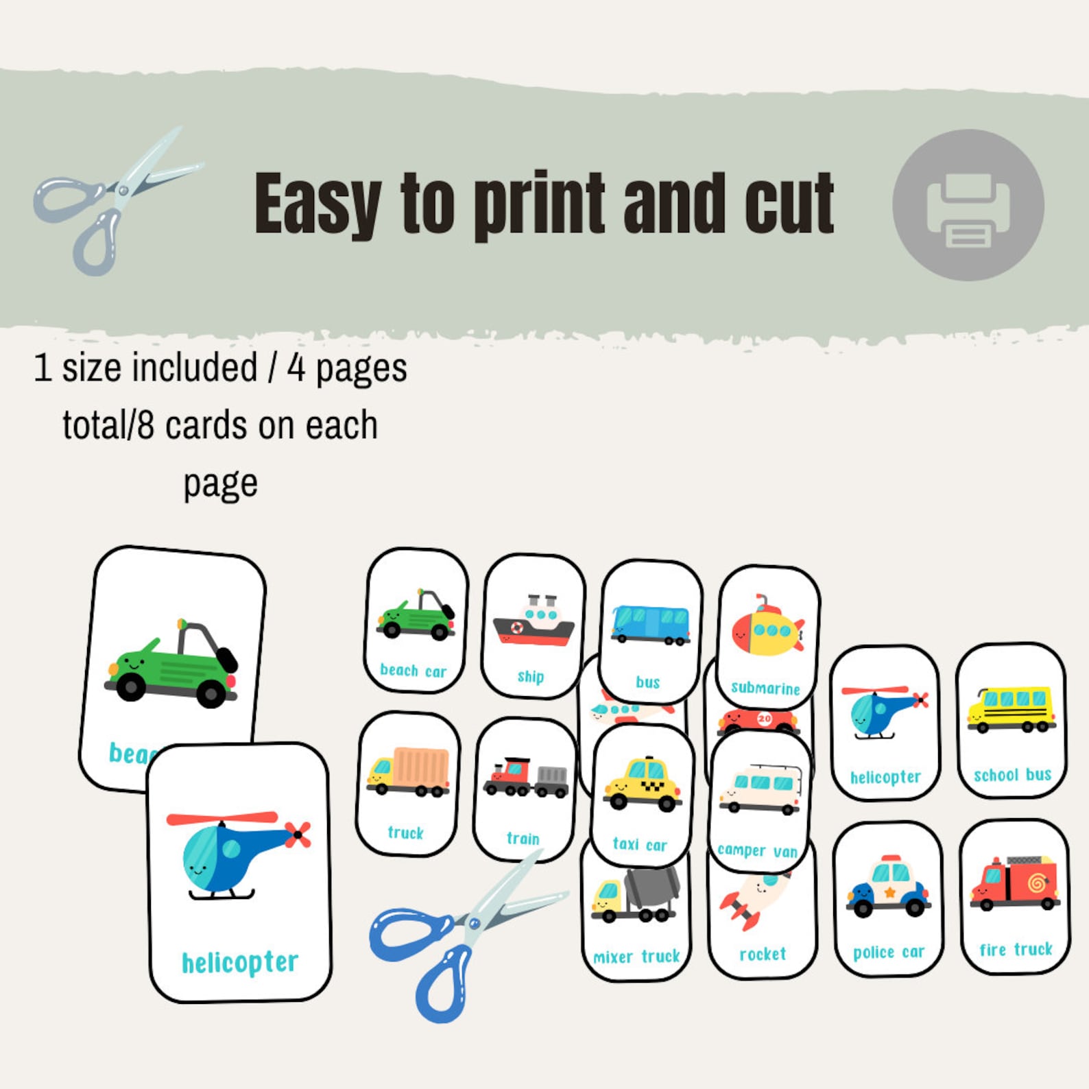 Colorful Vehicles Vocabulary Flashcards - Digital Download, Printable ...