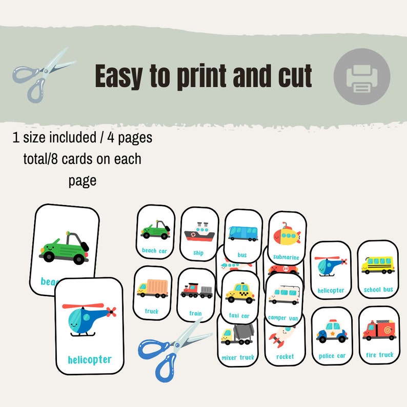 Colorful Vehicles Vocabulary Flashcards - Digital Download, Printable ...