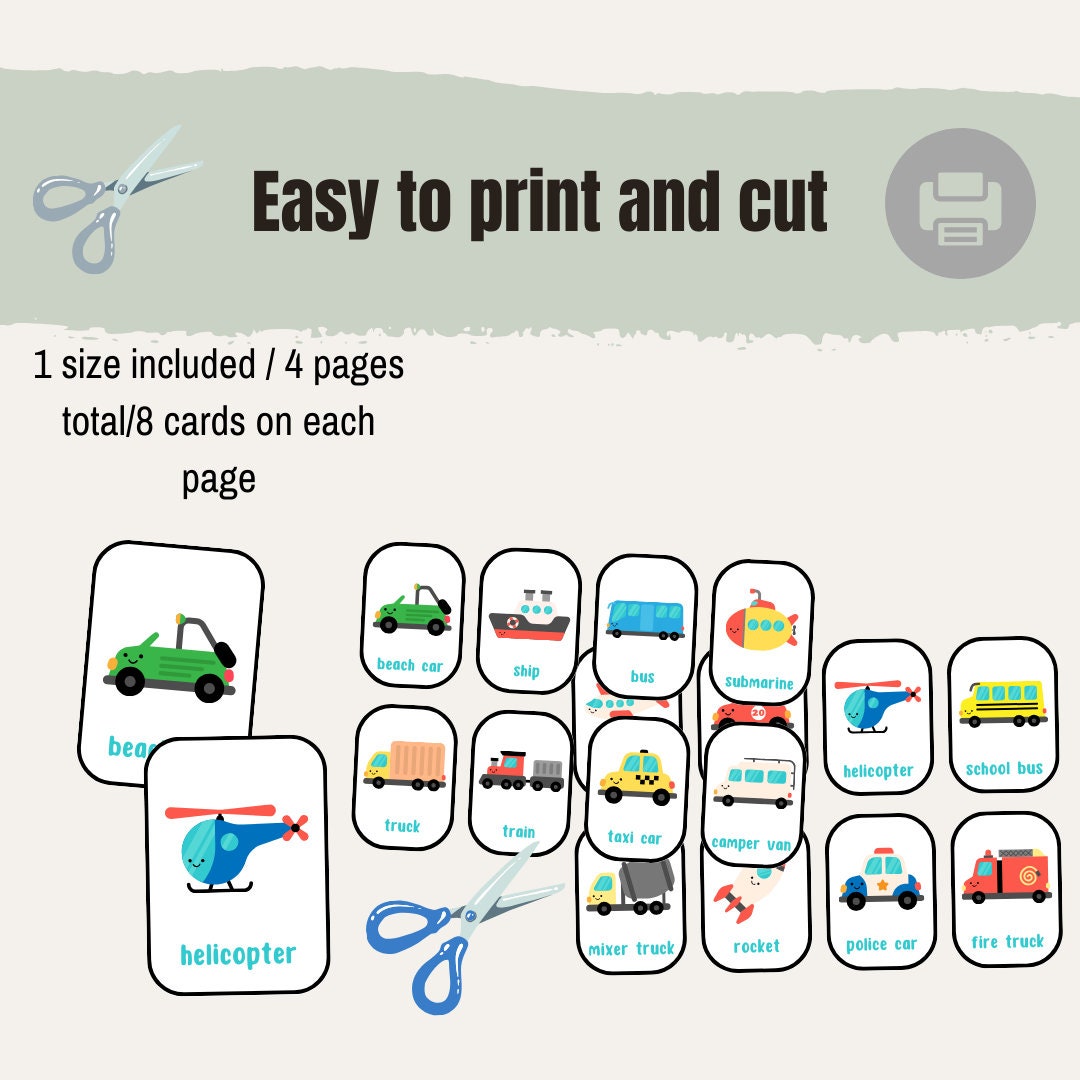 Colorful Vehicles Vocabulary Flashcards Digital Download - Etsy