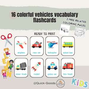 Colorful Vehicles Vocabulary Flashcards - Digital Download, Printable ...