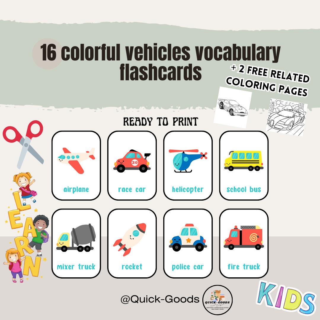 Colorful Vehicles Vocabulary Flashcards Digital Download - Etsy