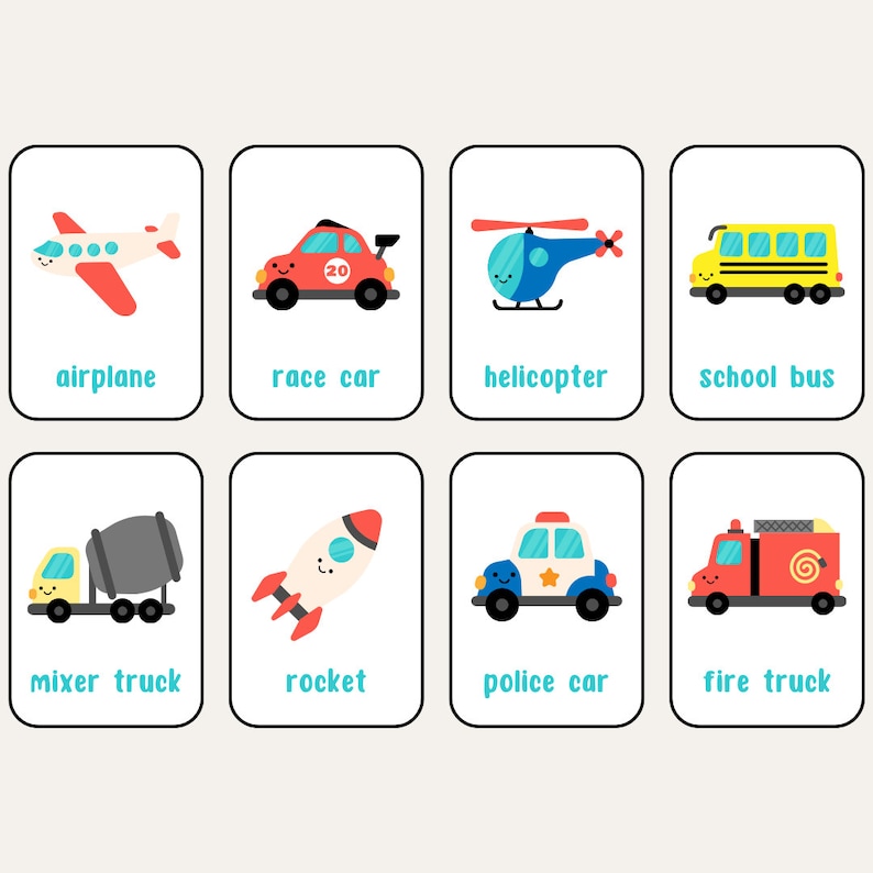 Colorful Vehicles Vocabulary Flashcards - Digital Download, Printable ...