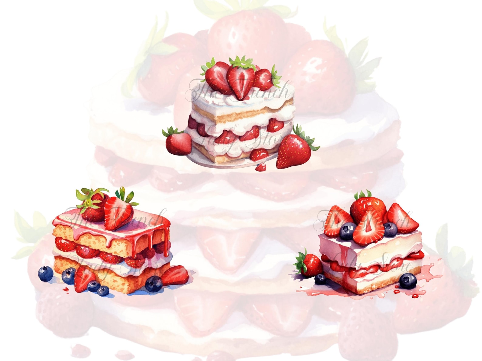 Watercolor Creamy Strawberry Cake Clipart, Printable Graphic, Digital ...