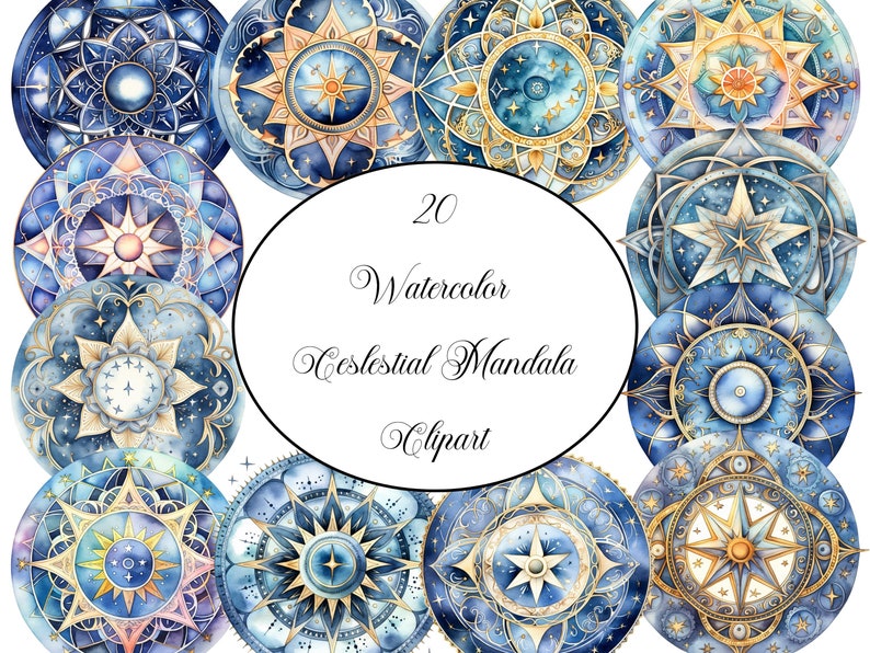 Watercolor Celestial Mandala Clipart Set, Printable Art, Whimsical Art ...