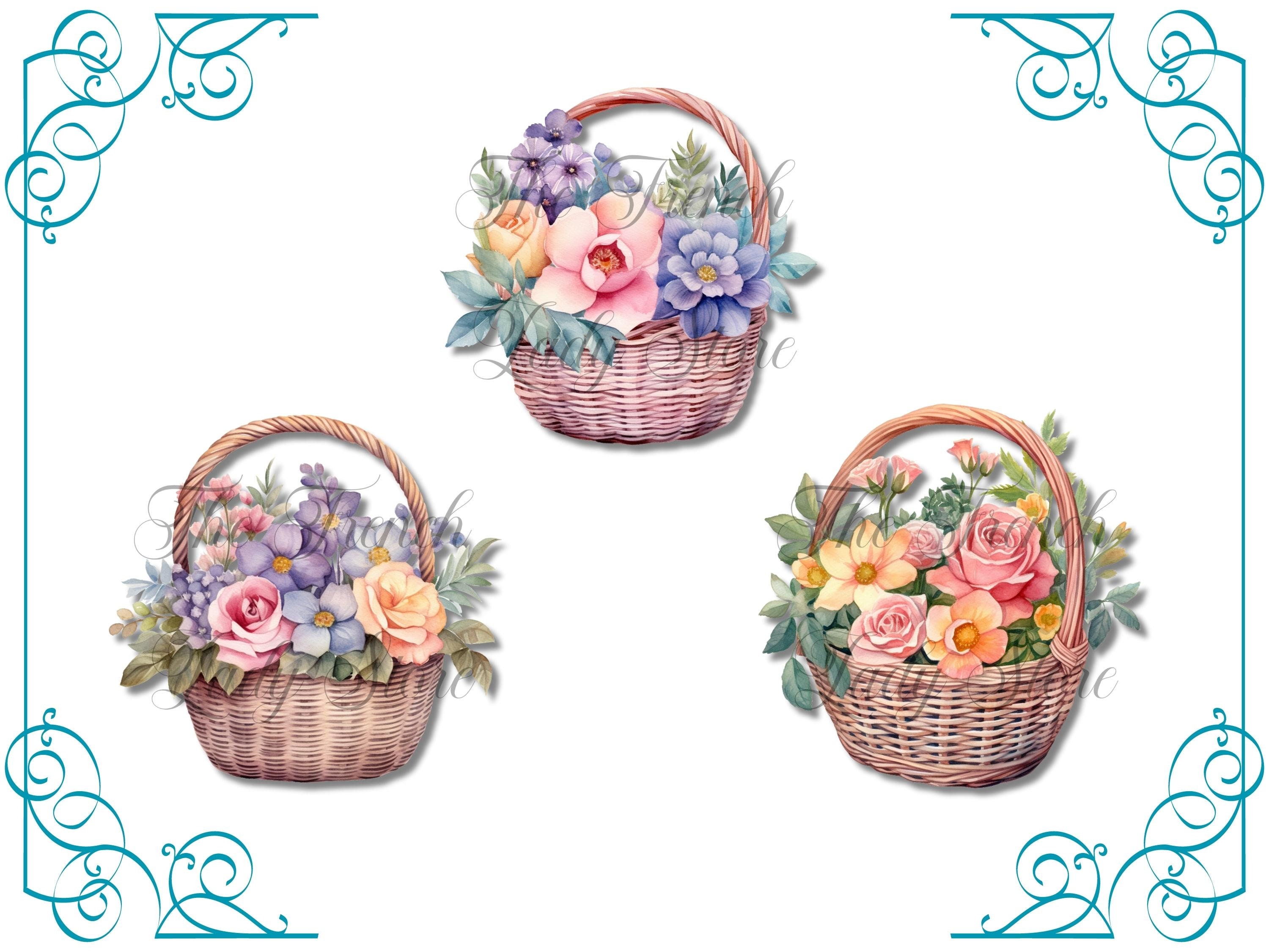 Watercolor Flowers in Basket Clipart Elements, Printable Art, Floral ...