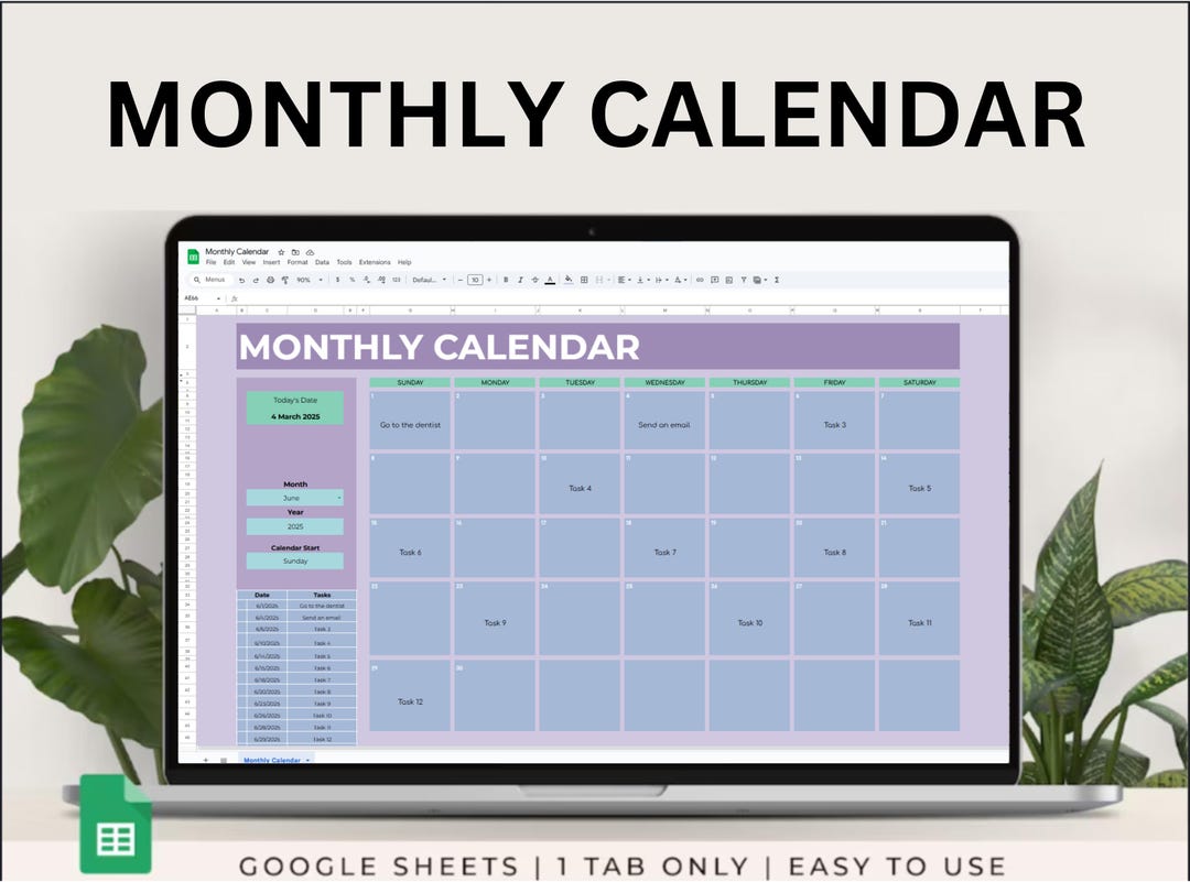 Monthly Calendar Google Sheets Spreadsheet, Monthly Template, Editable ...