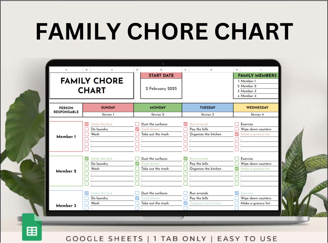 Family Chore Chart Google Sheets Progress Monitor Planner and Task ...