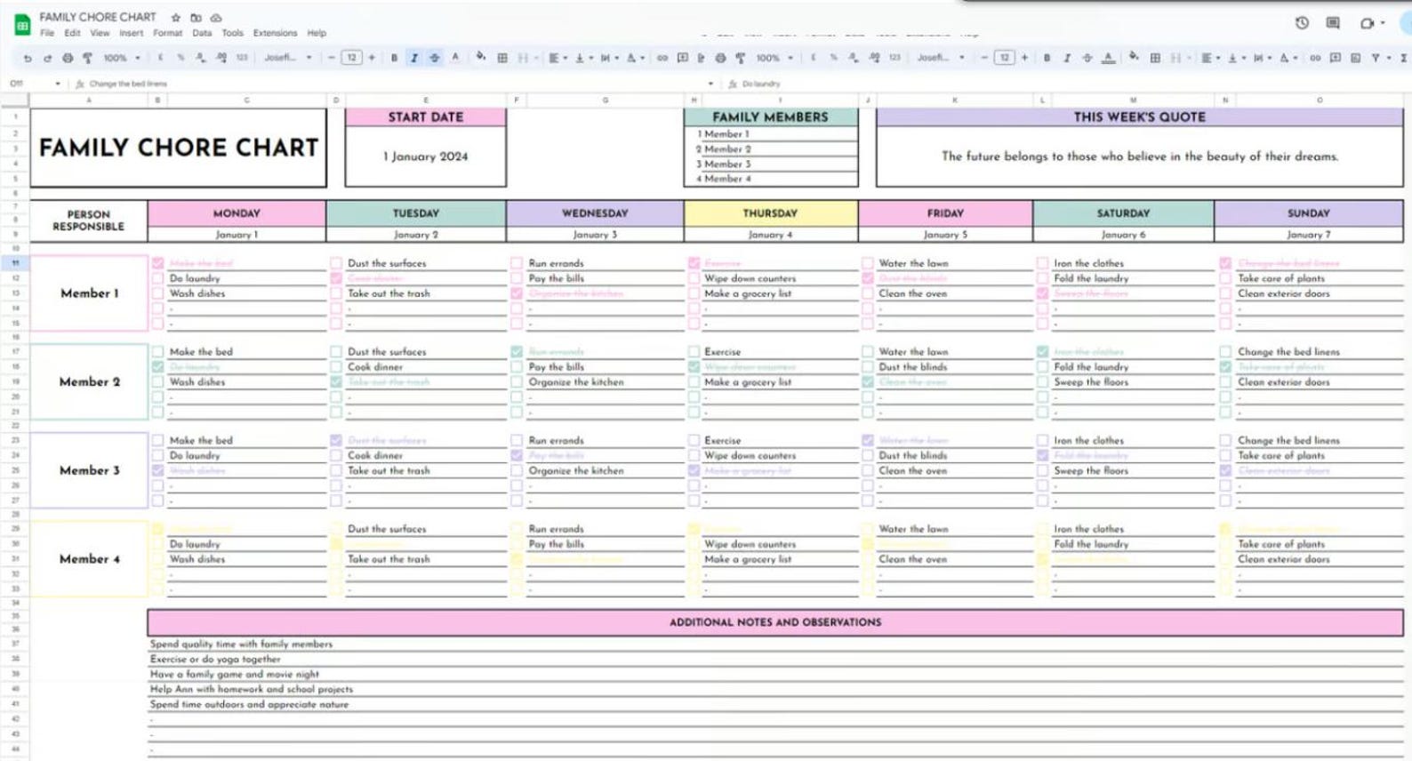 Family Chore Chart Google Sheets Progress Monitor Planner and Task ...
