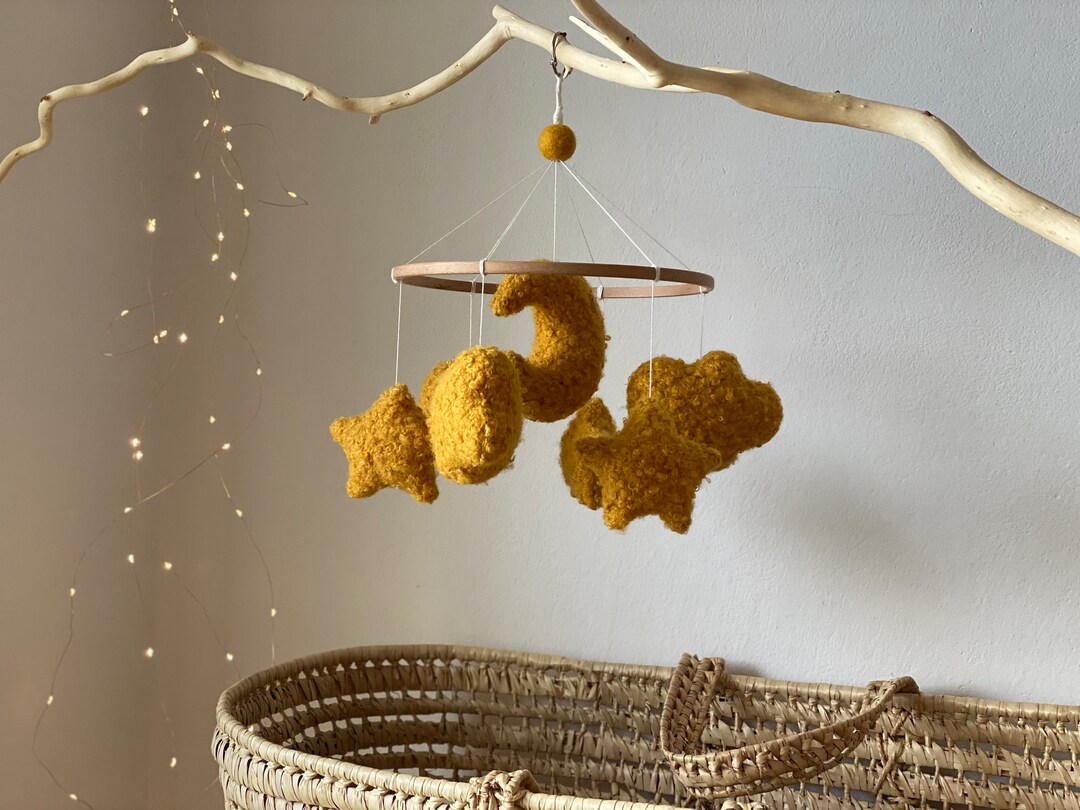 Boucle Crib Baby Mobile With Cloud Boucle Moon and Stars Neutral Mobile ...