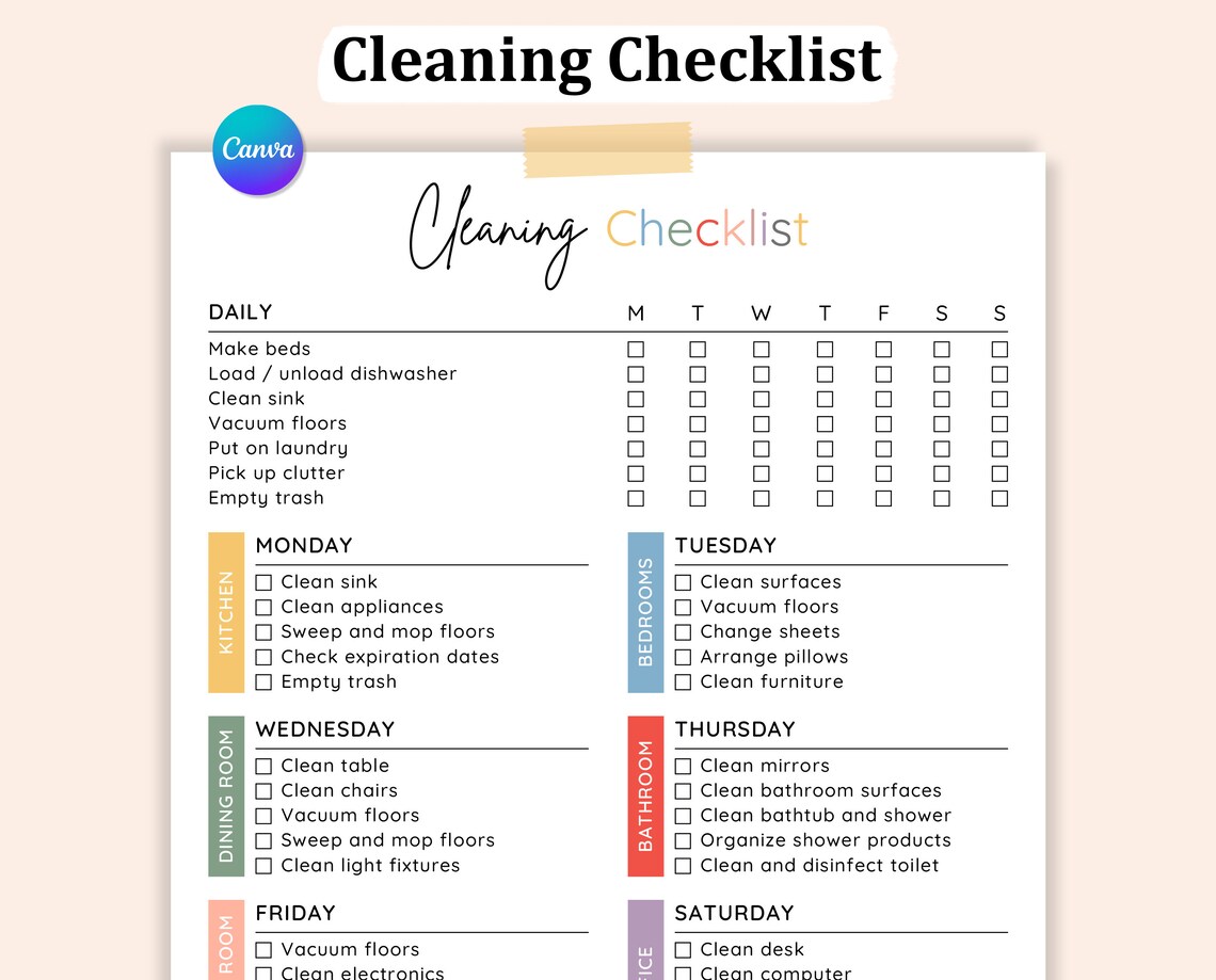 Daily, Weekly, Monthly Cleaning Checklist Editable, Daily Cleaning ...