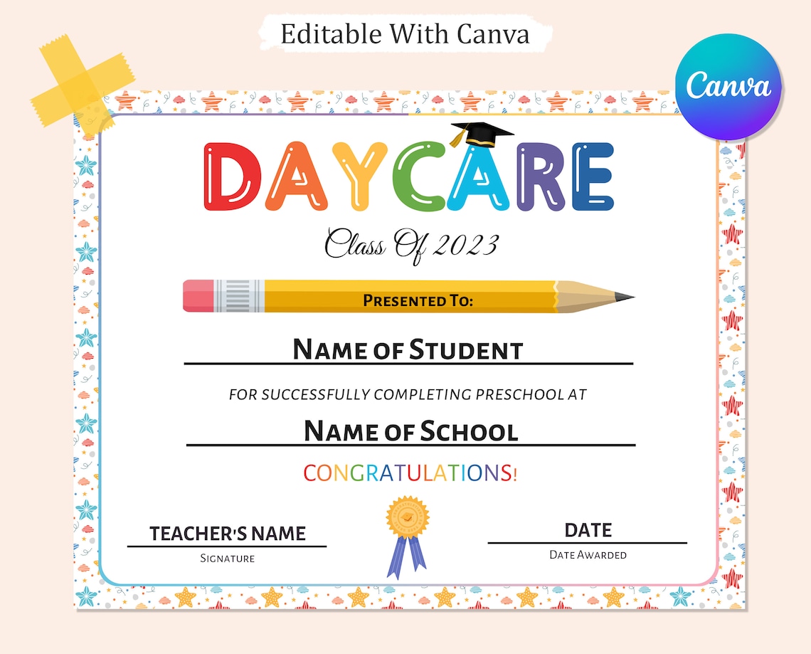 Editable Daycare Graduation Diploma: Printable Certificate (PDF) - Etsy