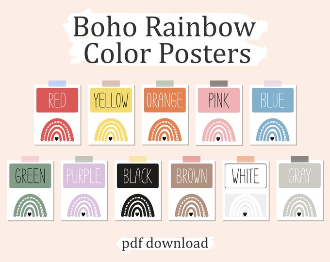 Boho Rainbow Color Posters | Neutral Rainbow Classroom Decor | Digital ...