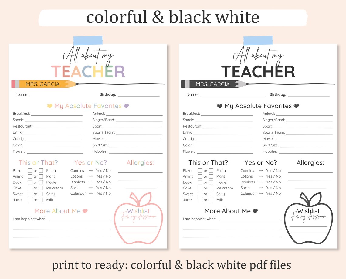 Editable TEACHER FAVORITES Things, Printable All About My Teacher ...