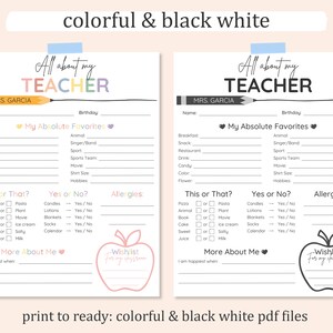 Editable TEACHER FAVORITES Things, Printable All About My Teacher ...