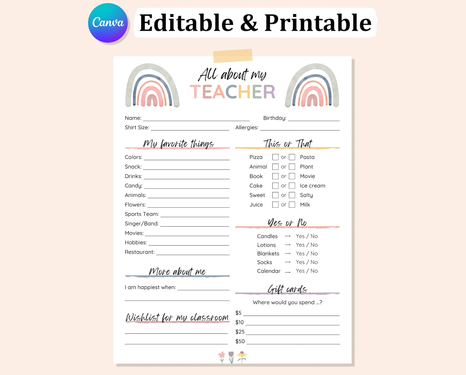 Editable ALL ABOUT My TEACHER Questionnaire, Teacher Favorites ...