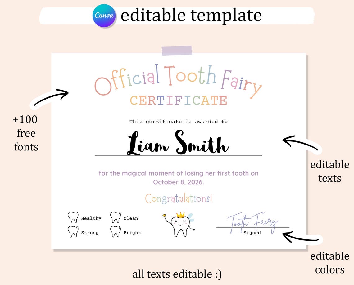Editable Tooth Fairy Certificate Template: First Lost Tooth (digital ...