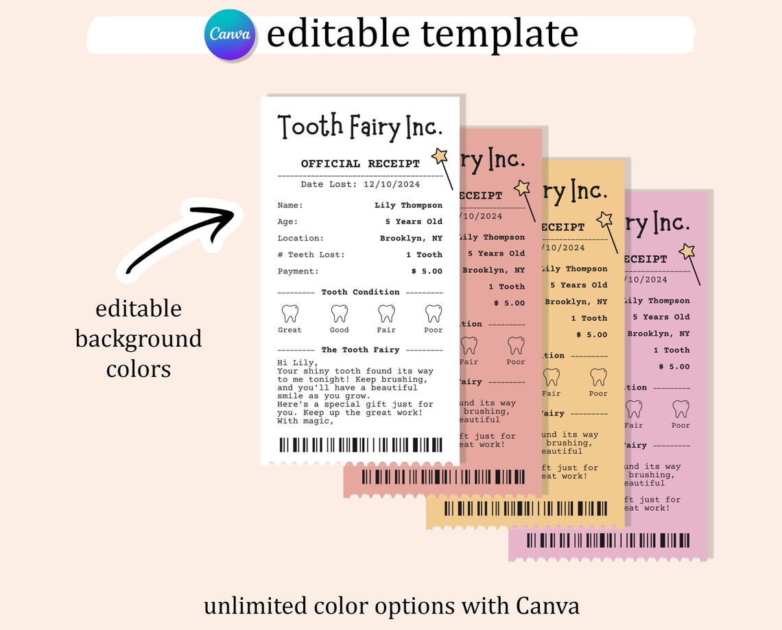 Editable TOOTH FAIRY RECEIPT Printable Certificate, Tooth Fairy Letter ...