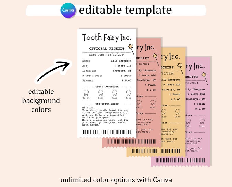 Editable TOOTH FAIRY RECEIPT Printable Certificate, Tooth Fairy Letter ...