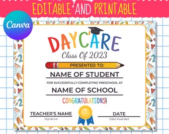 Editable DAYCARE GRADUATION DIPLOMA, Printable Daycare Certificate ...