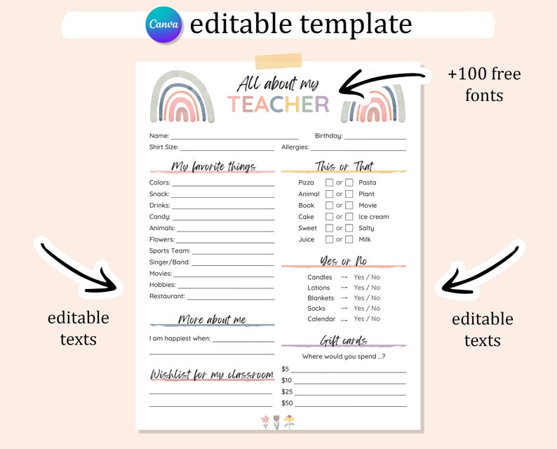 All About My Teacher Questionnaire: Editable Teacher Survey (PDF) - Etsy