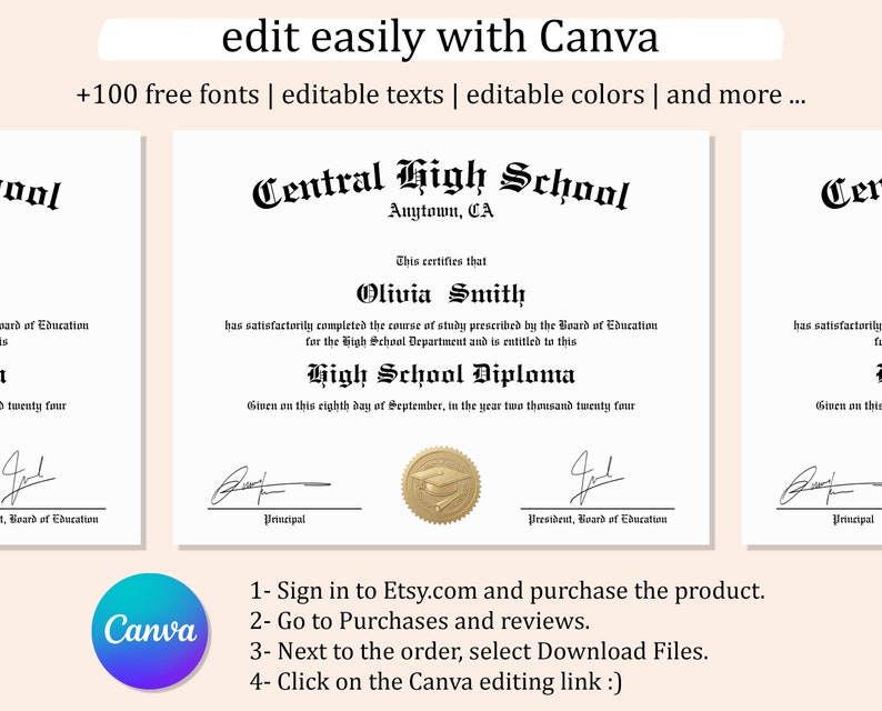 Editable High School Diploma Template: Graduation Certificate Replica ...