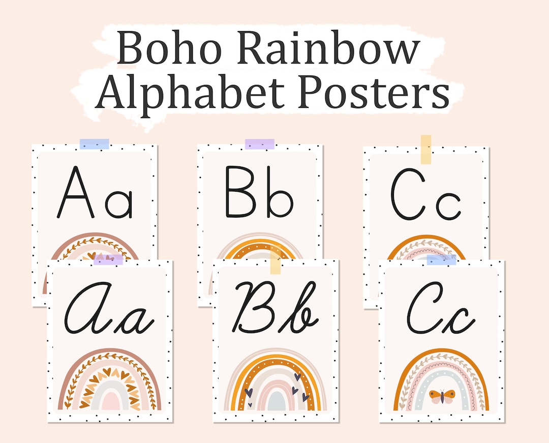 Boho Rainbow Alphabet Posters, Cursive Alphabet, Print Alphabet ...