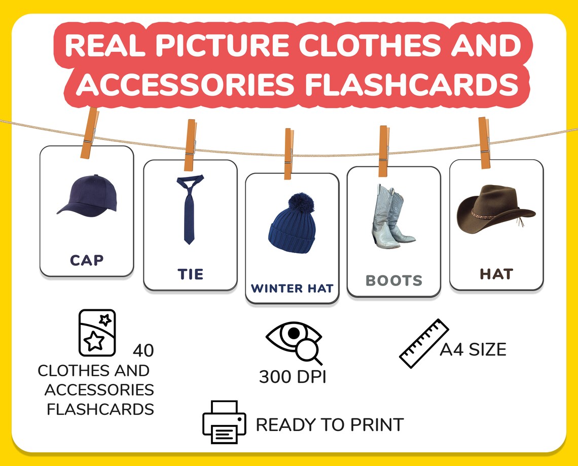 40 Real Picture Clothes and Accessories Flashcards, Editable Montessori ...