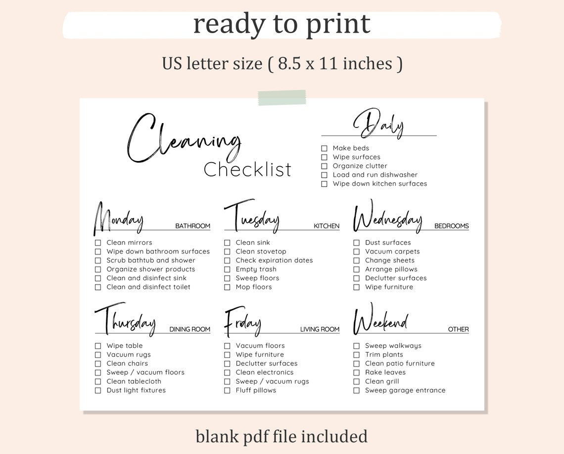 Editable WEEKLY CLEANING CHECKLIST Printable Cleaning Schedule