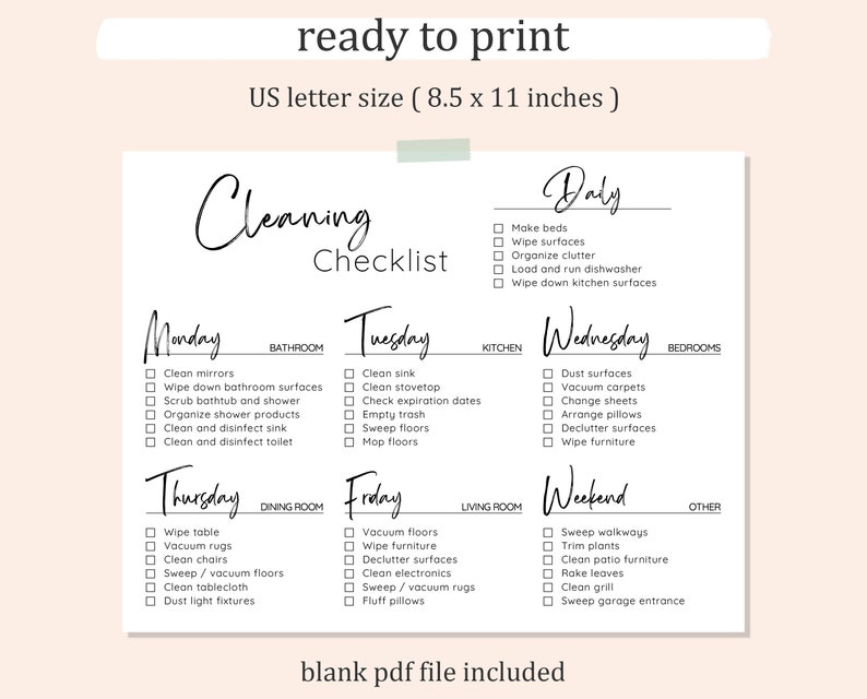 Editable WEEKLY CLEANING CHECKLIST, Printable Cleaning Schedule ...