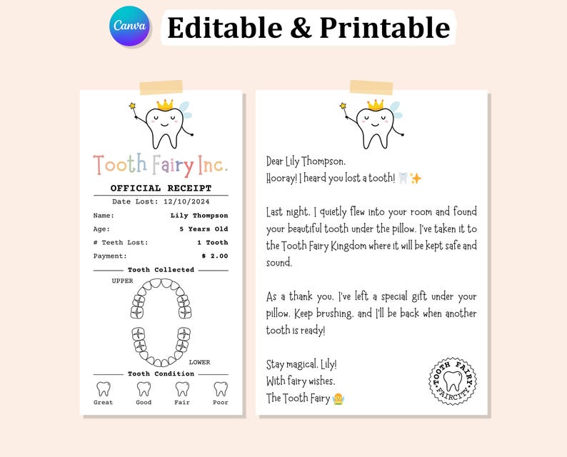 Editable Tooth Fairy Letter and Receipt Template (printable) - Etsy