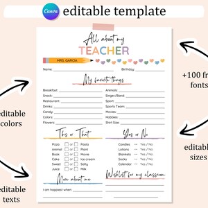 Editable Teacher Survey: All About My Teacher Printable (digital ...