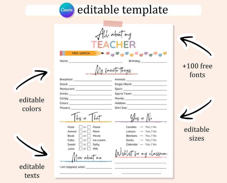 Editable Teacher Survey: All About My Teacher Printable (digital ...