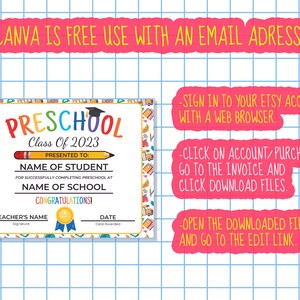 Editable PRESCHOOL GRADUATION Certificate, Preschool Diploma, Last Day ...