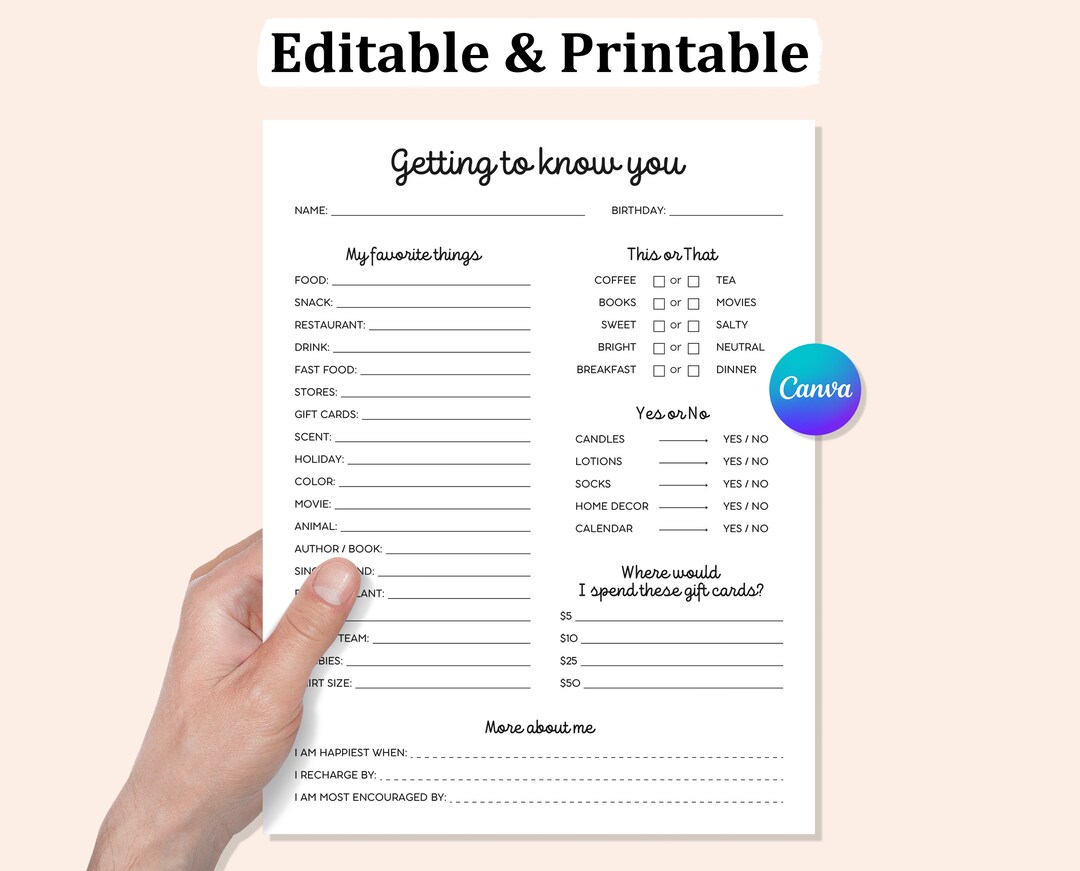 Getting to Know You Survey: Editable Printable Worksheet (US Letter, A4 ...