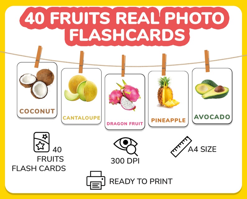 40 Fruits Real Photo Flashcards, Fruit Flashcards for Kids, Printable ...