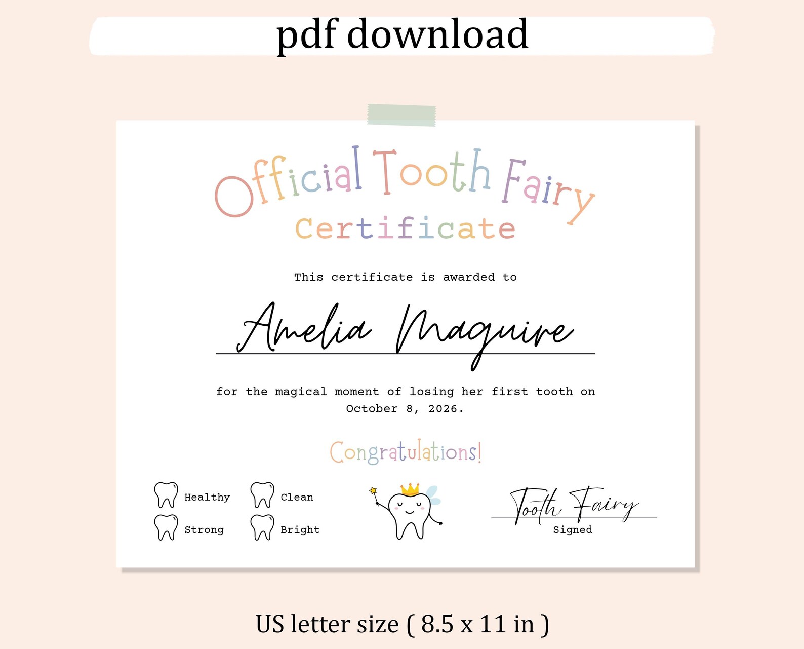 Editable Tooth Fairy Certificate Template: First Lost Tooth (digital ...